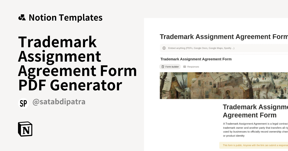 Trademark Assignment Agreement Form PDF Generator Template | Notion ...
