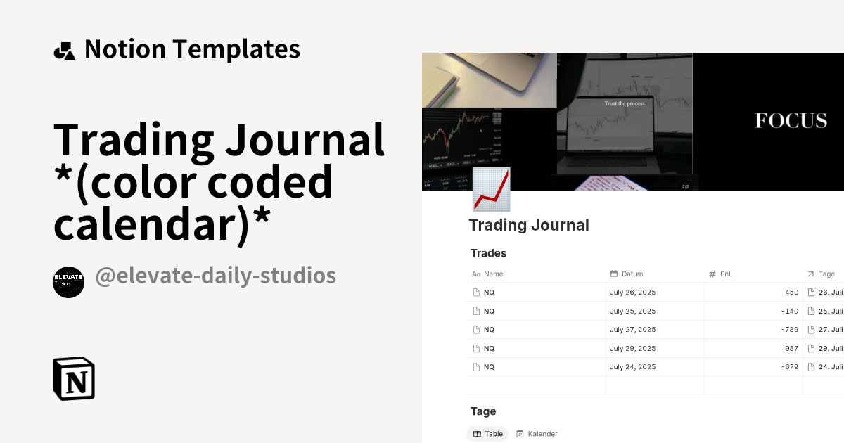 Trading Journal *(color coded calendar)* Template by ElevateDailyStudios | Notion Marketplace