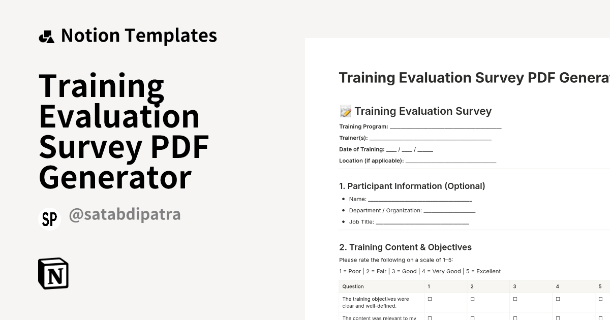 Training Evaluation Survey PDF Generator Template | Notion Marketplace