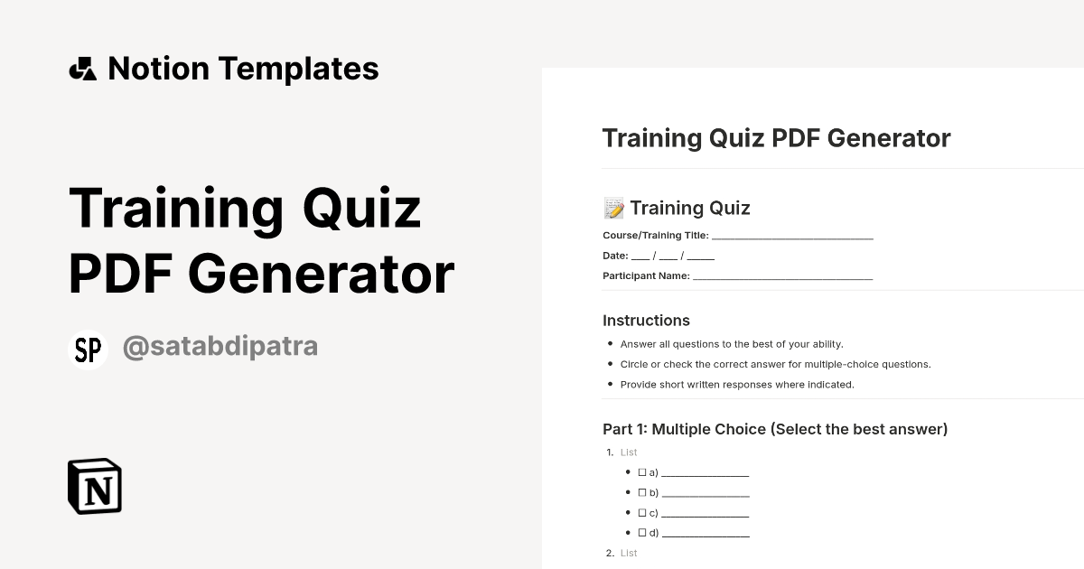 Training Quiz PDF Generator Template | Notion Marketplace