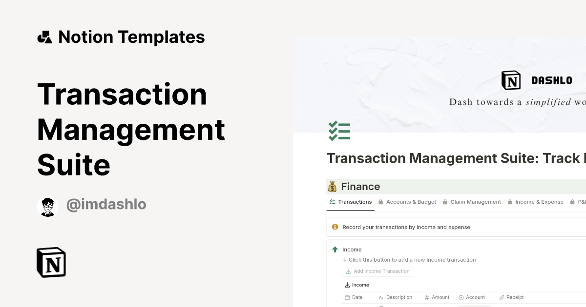 Transaction Management Suite Template by Dashlo | Notion Marketplace