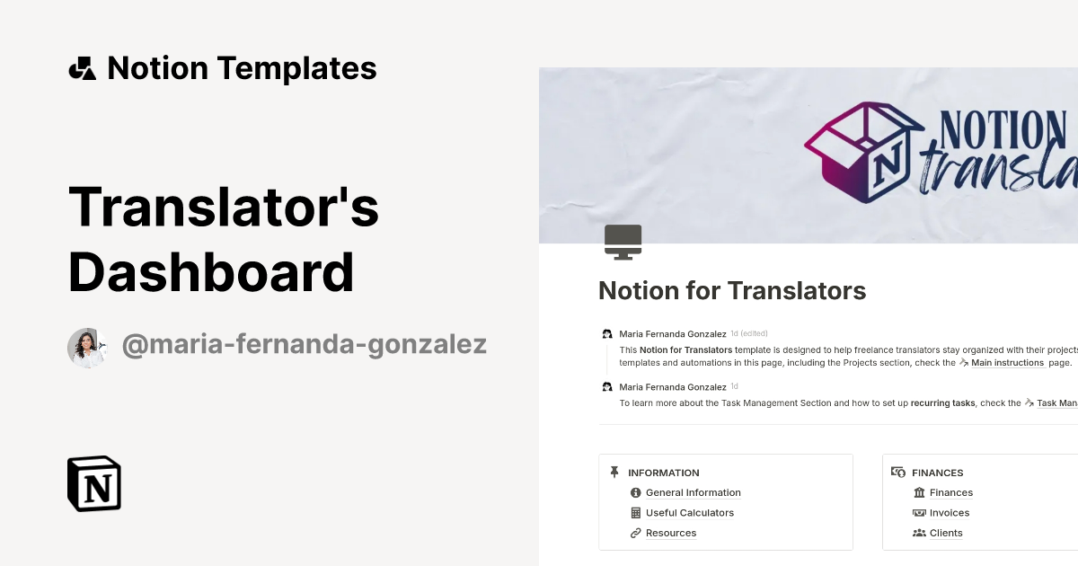 Translator's Dashboard Template by Maria Fernanda Gonzalez | Notion ...