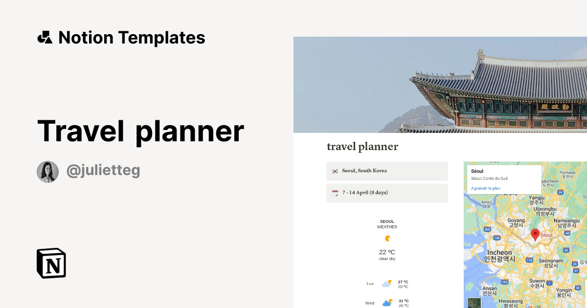 Travel planner Template by Juliette | Notion Marketplace