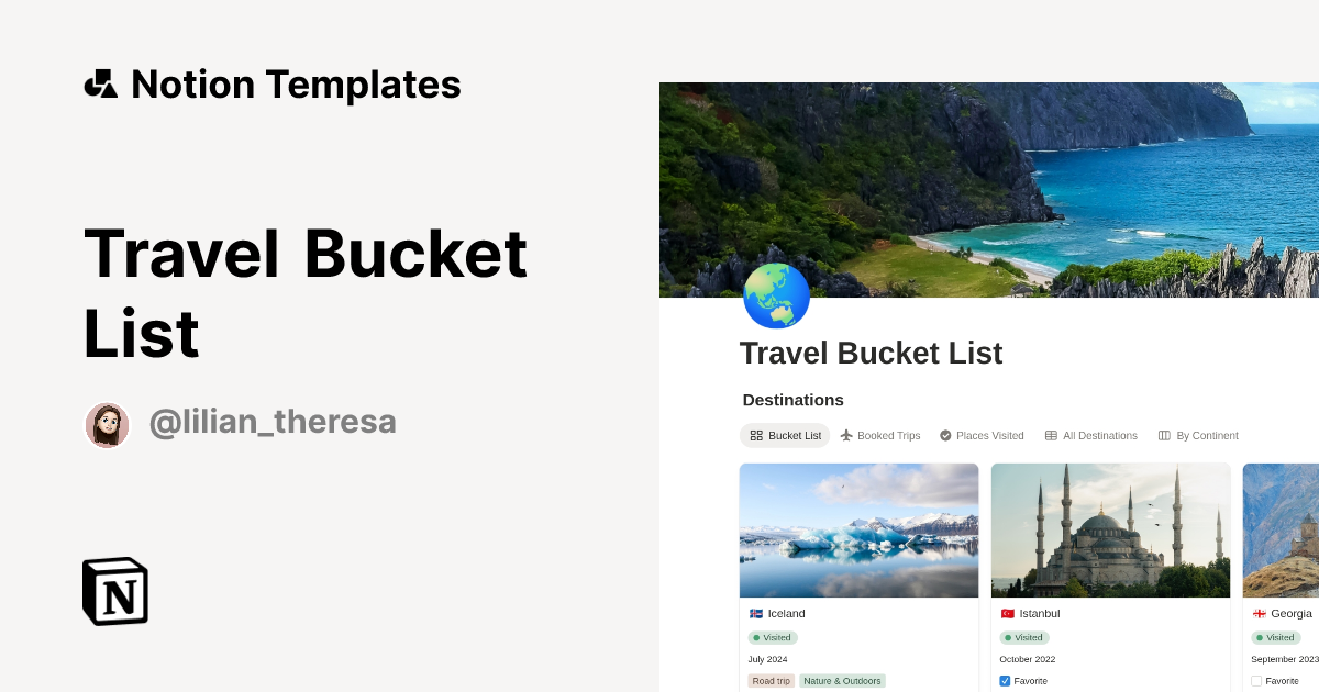 Travel Bucket List Template by Lilian | Notion Marketplace
