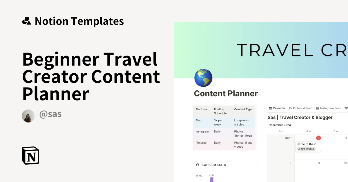 Beginner Travel Creator Content Planner Template by Sasmini | Notion ...