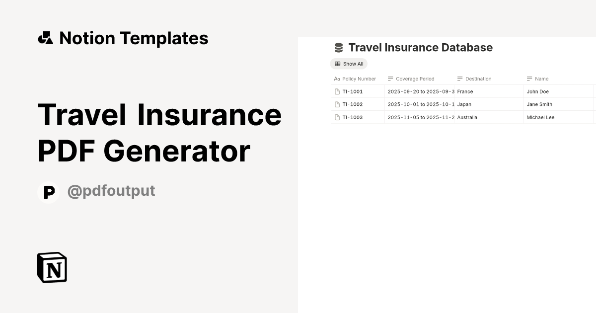 Travel Insurance PDF Generator Template by PDFOutput | Notion Marketplace