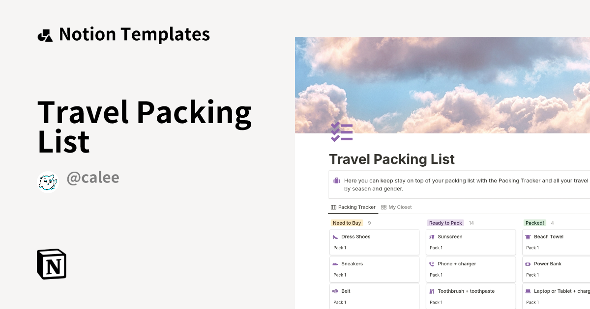 Travel Packing List Template by Calee | Notion Marketplace