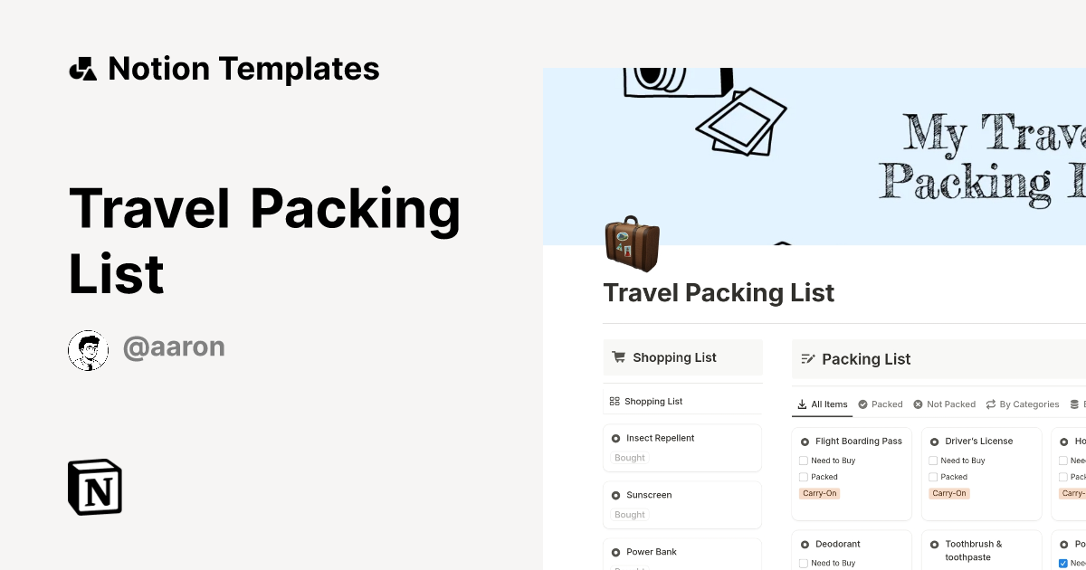 Travel Packing List Template by Aaron | Notion Marketplace