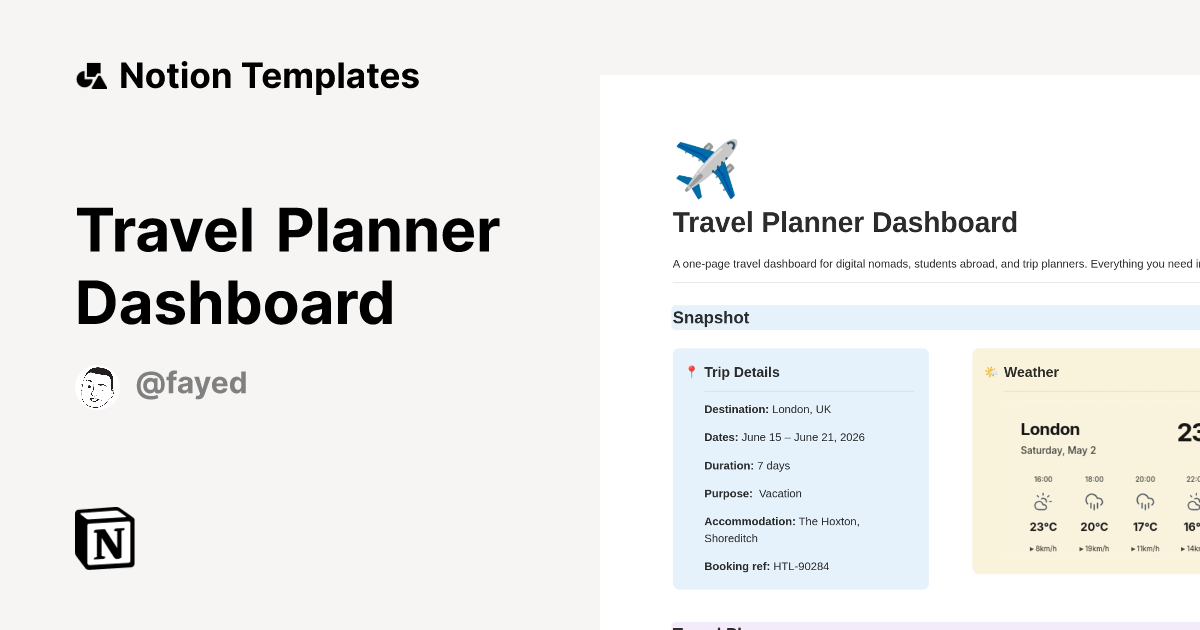 Travel Planner Dashboard Template by Fayed | Notion Marketplace