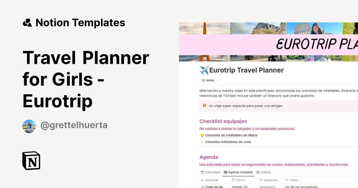 Travel Planner for Girls - Eurotrip Template by Grettel Huerta | Notion ...