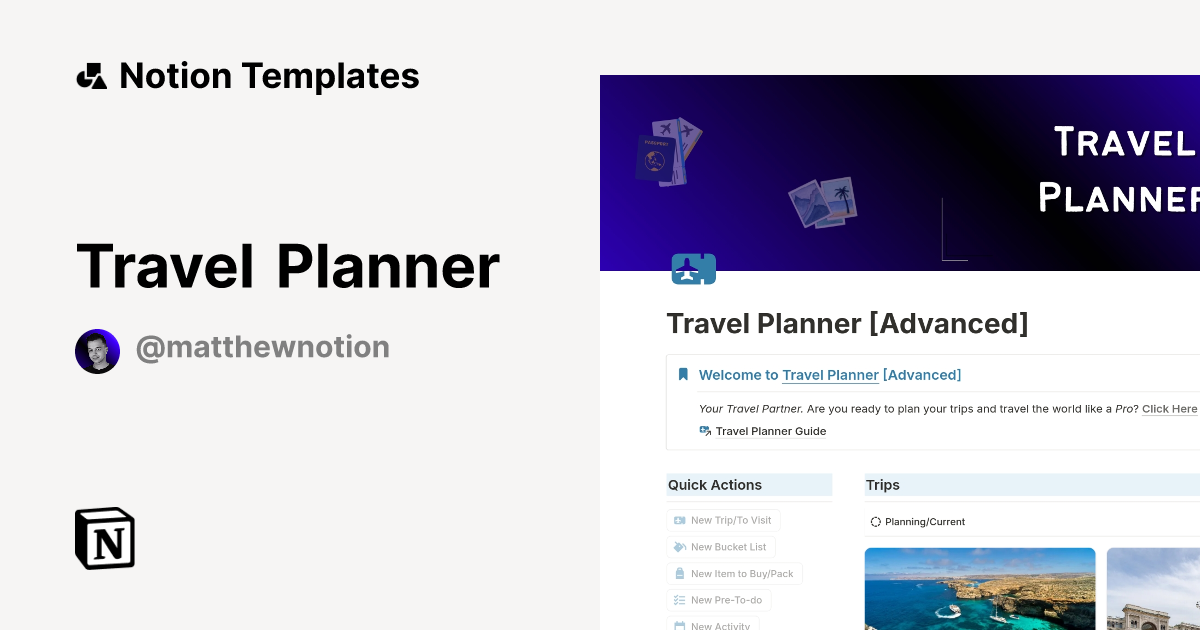 Travel Planner Template by Mateusz "Matthew" Kubiak | Notion Marketplace