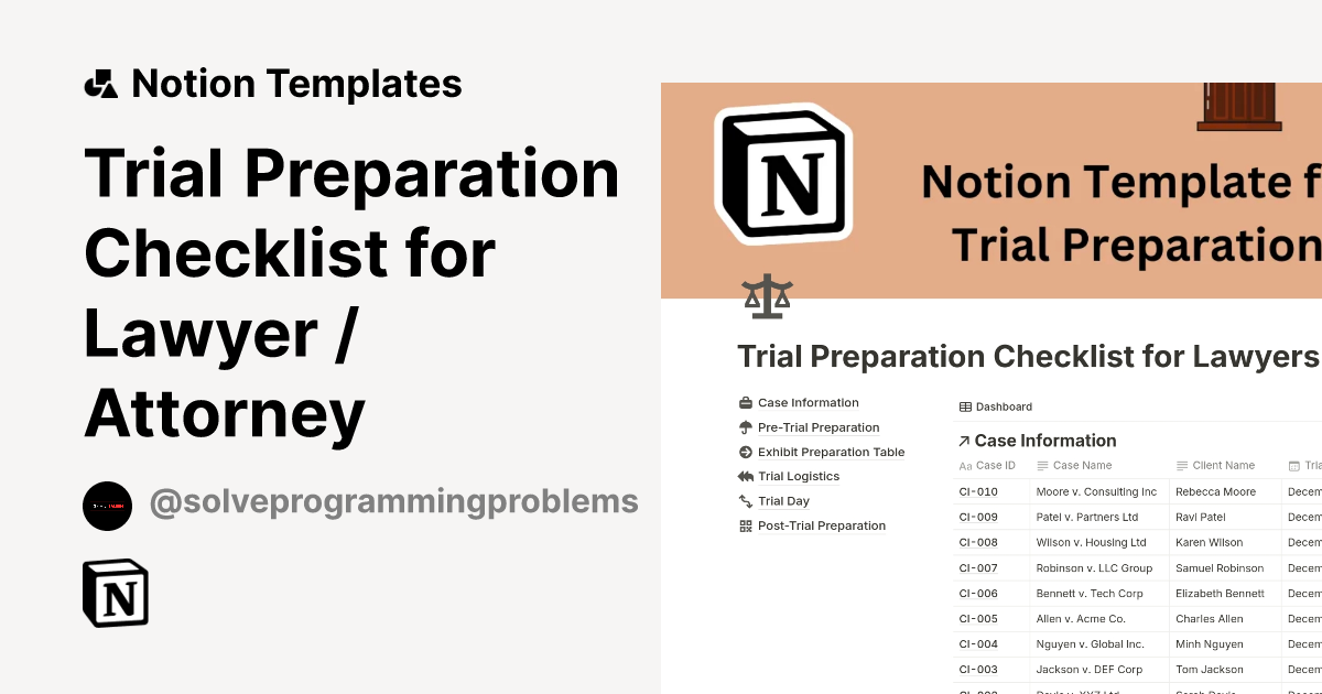 Trial Preparation Checklist for Lawyer / Attorney Template | Notion ...