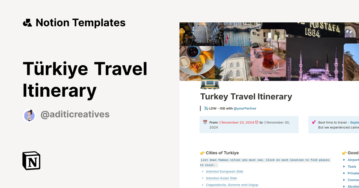 Türkiye Travel Itinerary Template | Notion Marketplace