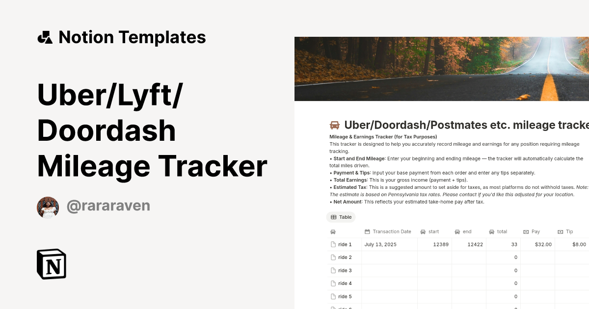 Uber/Lyft/Doordash Mileage Tracker Template | Notion Marketplace