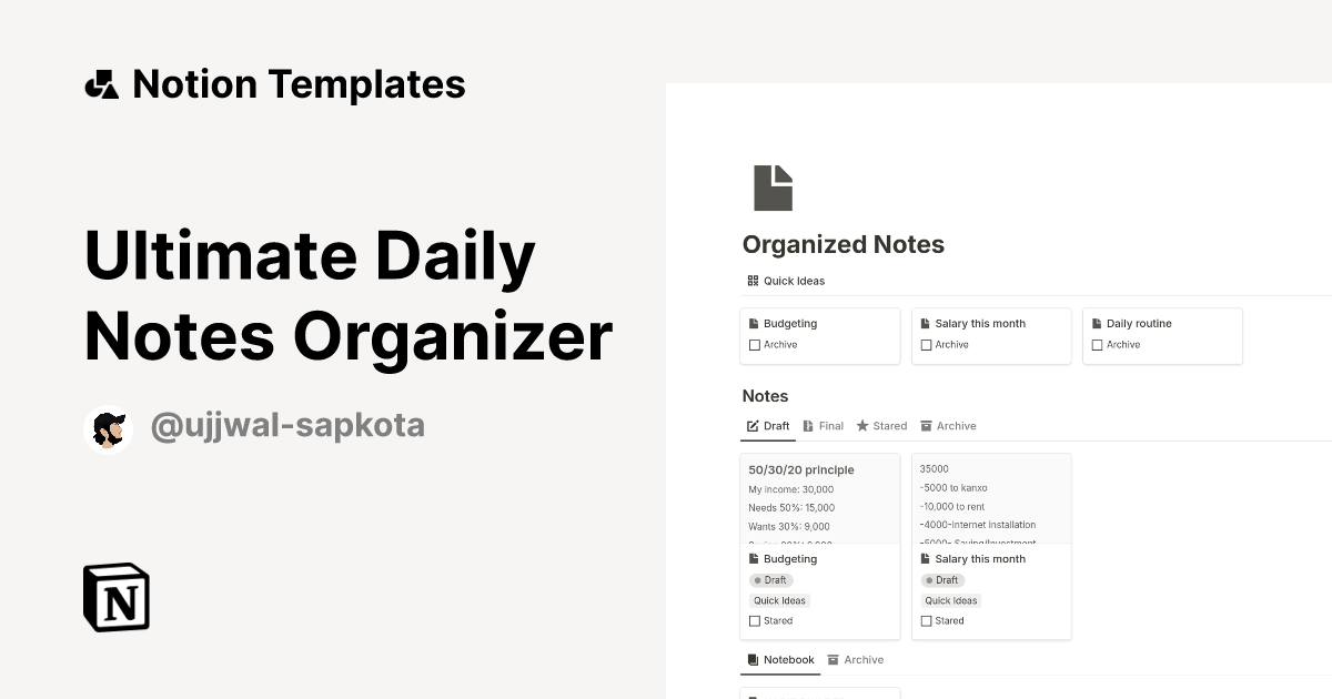 Ultimate Daily Notes Organizer Template by Ujjwal Sapkota | Notion ...