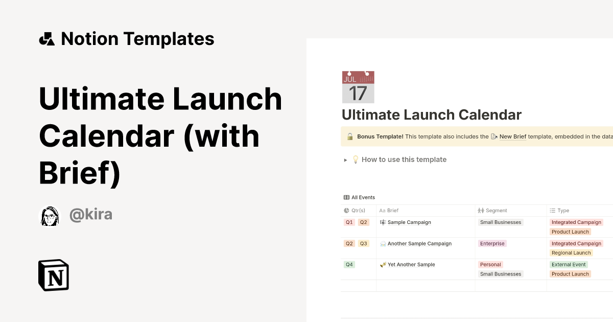Ultimate Launch Calendar (with Brief) Template by Kira Klaas | Notion ...