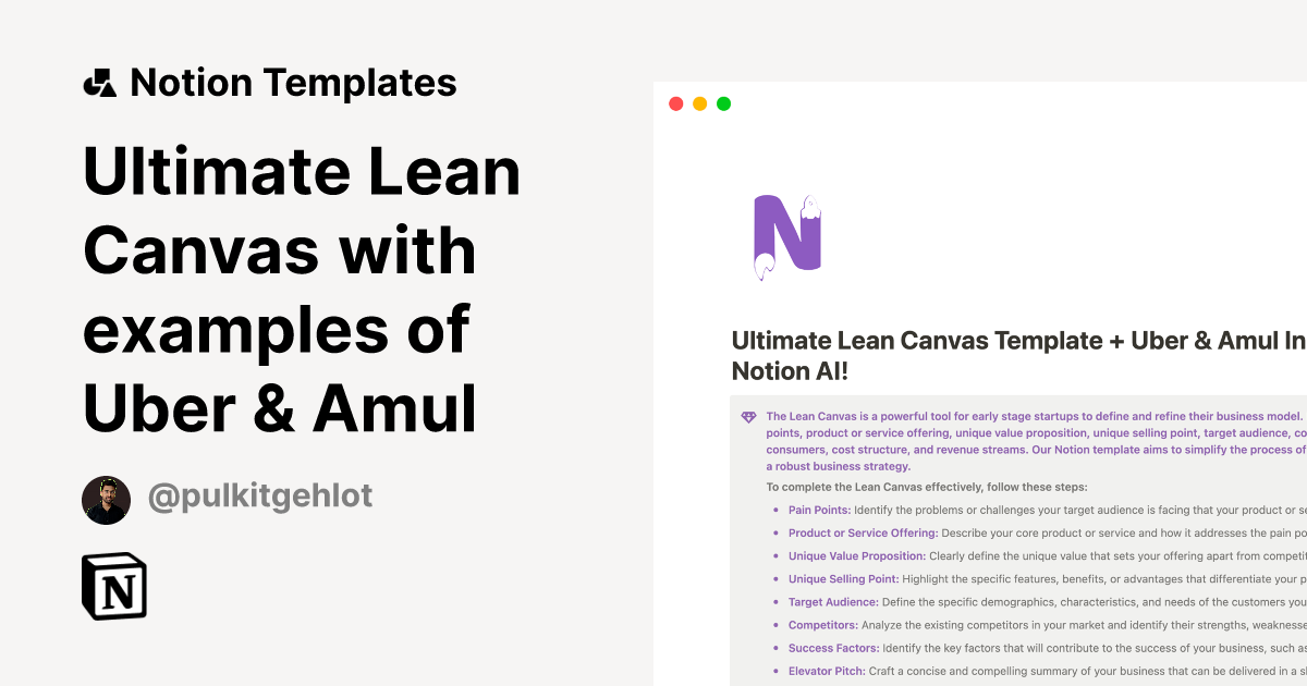 Ultimate Lean Canvas with examples of Uber & Amul Template by Pulkit Gehlot | Notion Marketplace