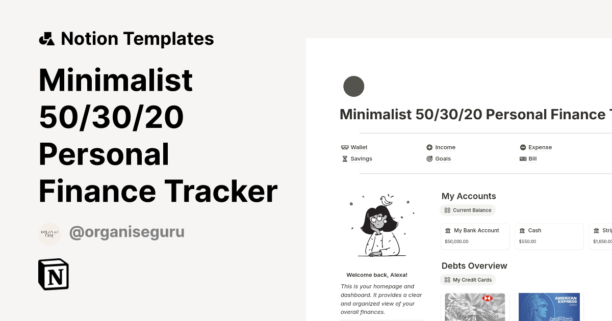 Minimalist 50/30/20 Personal Finance Tracker Template by OrganiseGuru ...