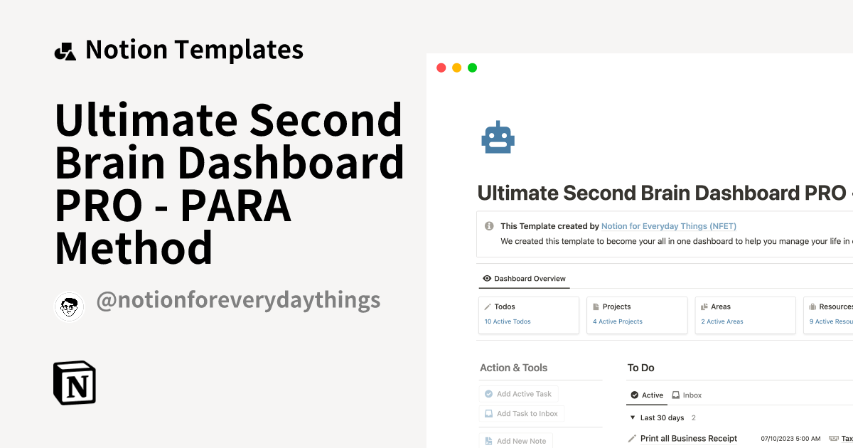 Ultimate Second Brain Dashboard PRO - PARA Method Template by Neat ...
