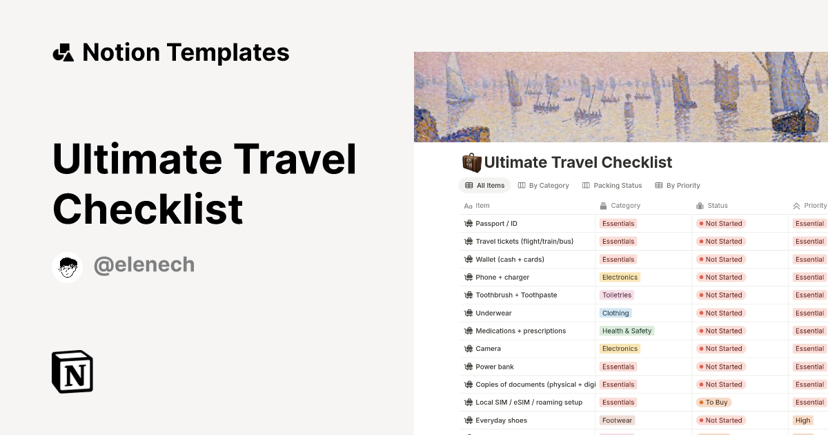 Ultimate Travel Checklist Template by Ene | Notion Marketplace
