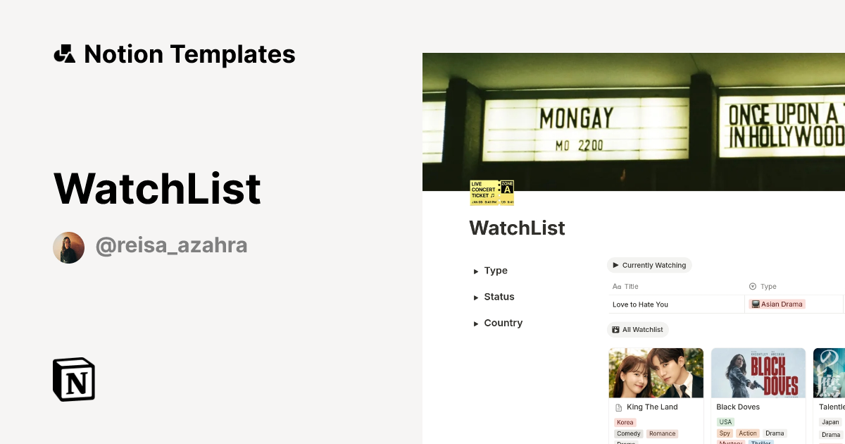 WatchList Template by Reisa Azahra | Notion Marketplace