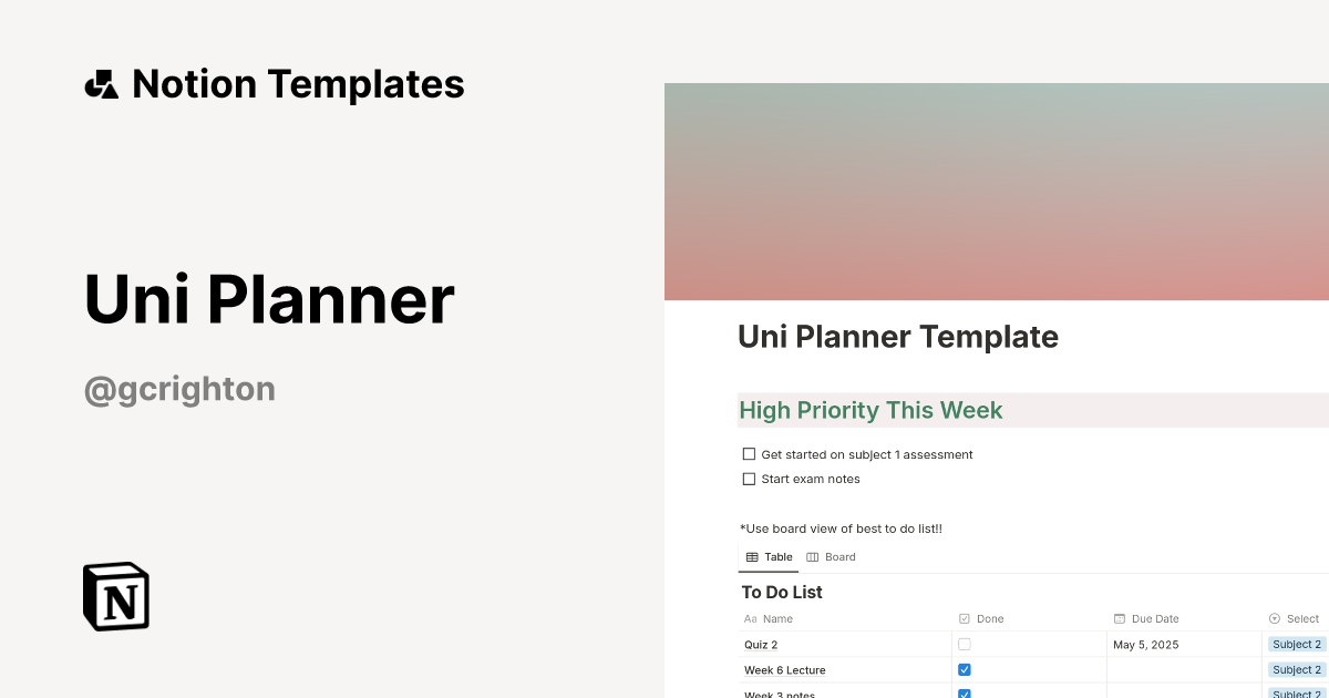 Uni Planner Template by Grace Crighton | Notion Marketplace