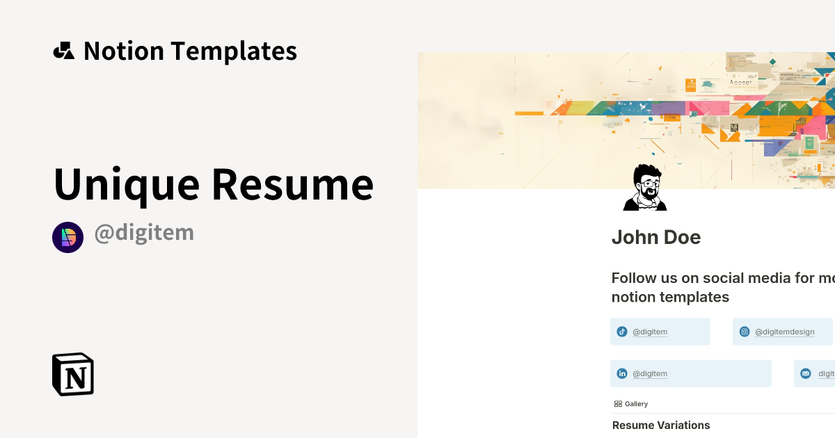 Unique Resume Template by Digitem | Notion Marketplace