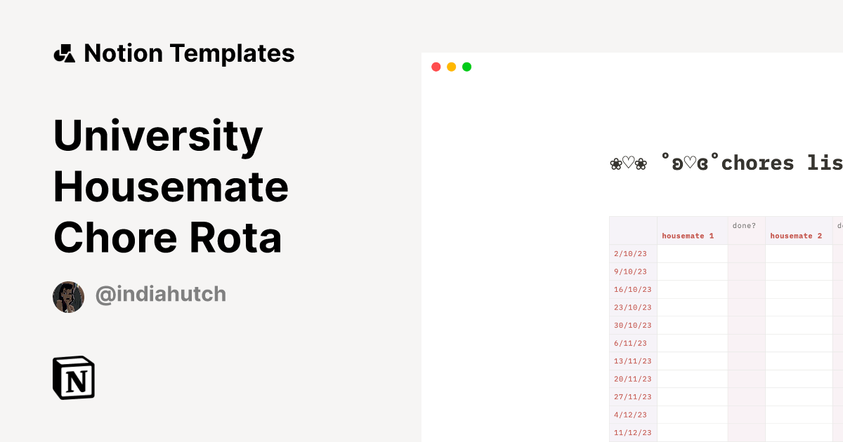 University Housemate Chore Rota Template | Notion Marketplace