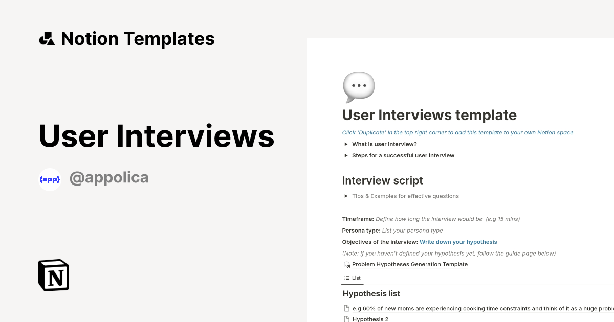 User Interviews Template by Appolica | Startup Studio | Notion Marketplace