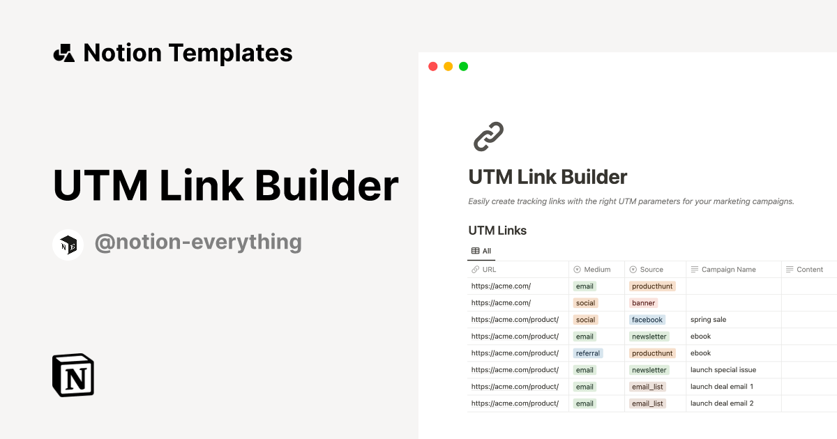 UTM Link Builder Template by Notion Everything | Notion Marketplace