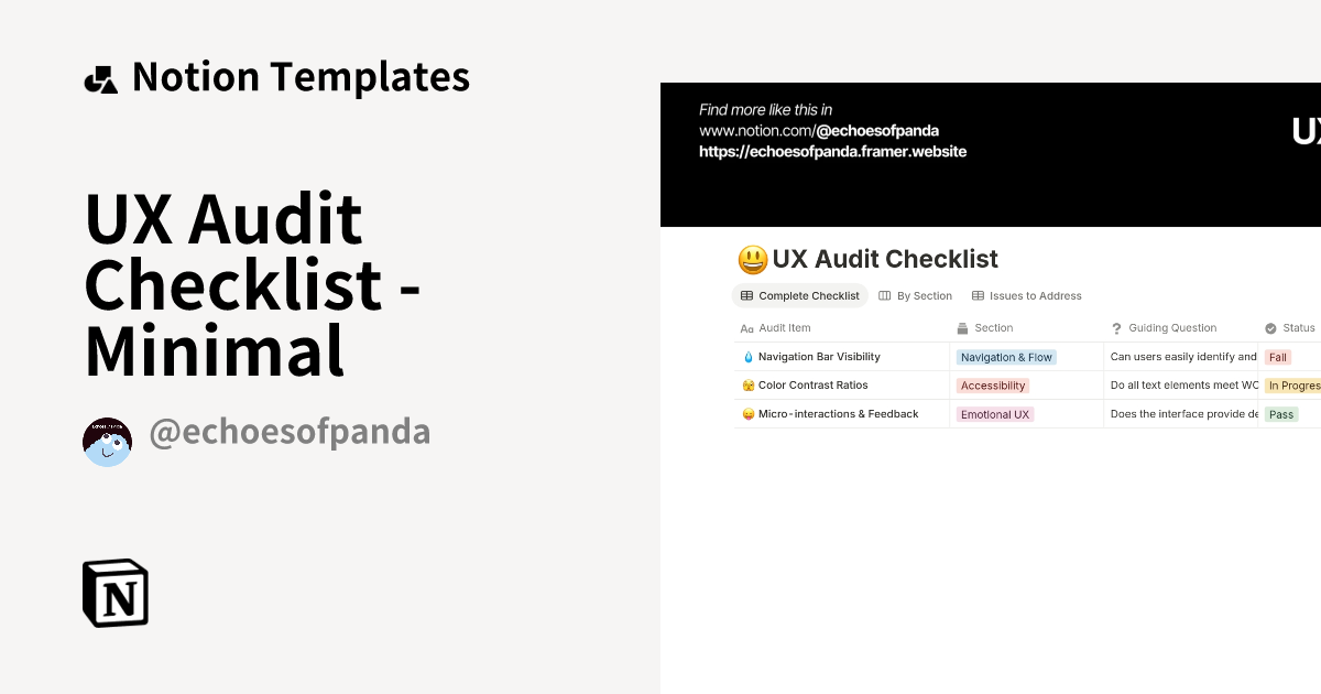 UX Audit Checklist - Minimal Template by Echoes of Panda🐼 | Notion ...