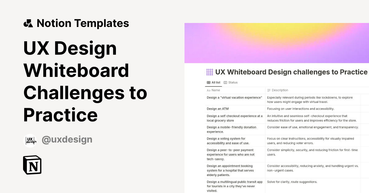 UX Design Whiteboard Challenges to Practice Template by UXD | Notion ...