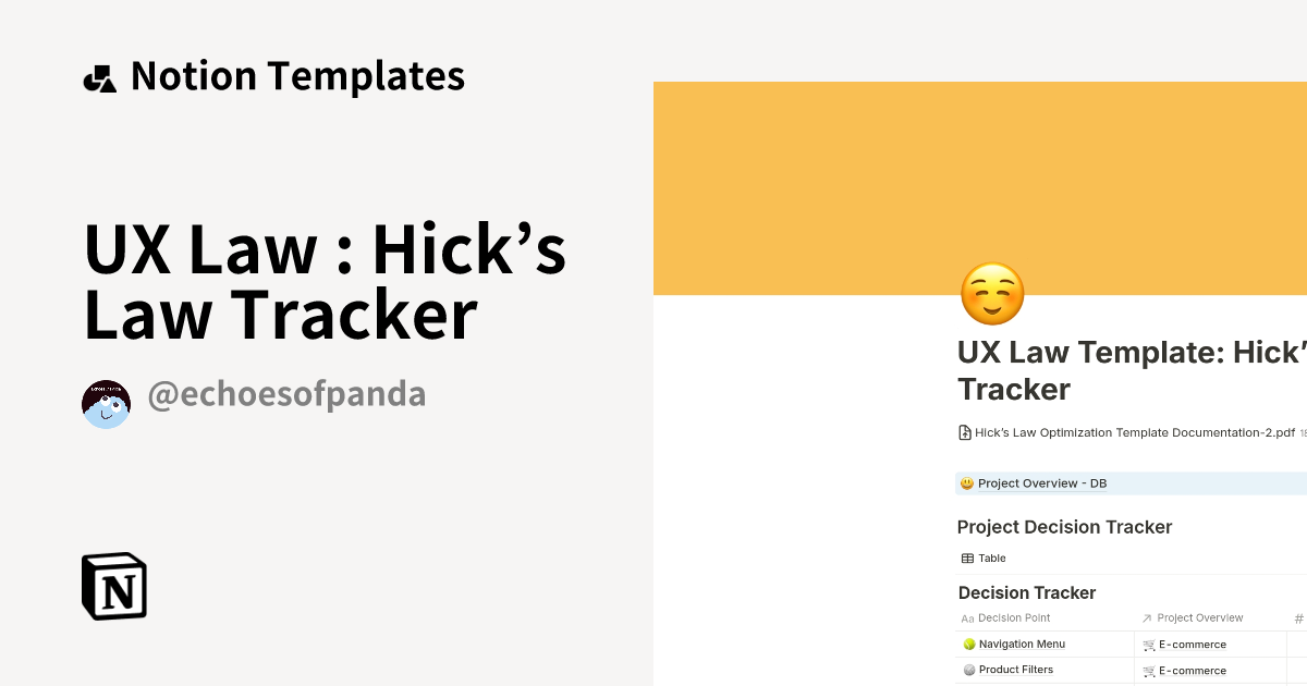 UX Law : Hick’s Law Tracker Template by Echoes of Panda🐼 | Notion Marketplace