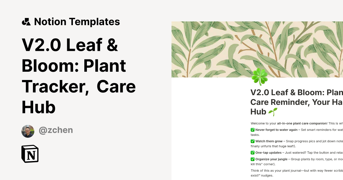 V2.0 Leaf & Bloom: Plant Tracker, Care Hub Template | Notion Marketplace