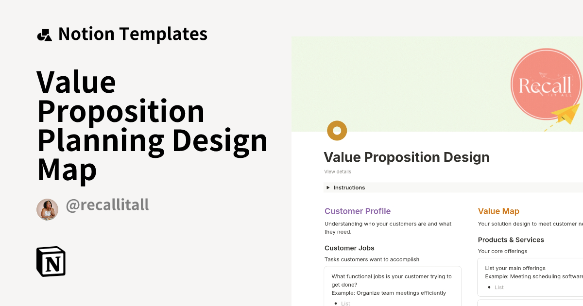 Value Proposition Planning Design Map Template by Recall It All | Notion Marketplace
