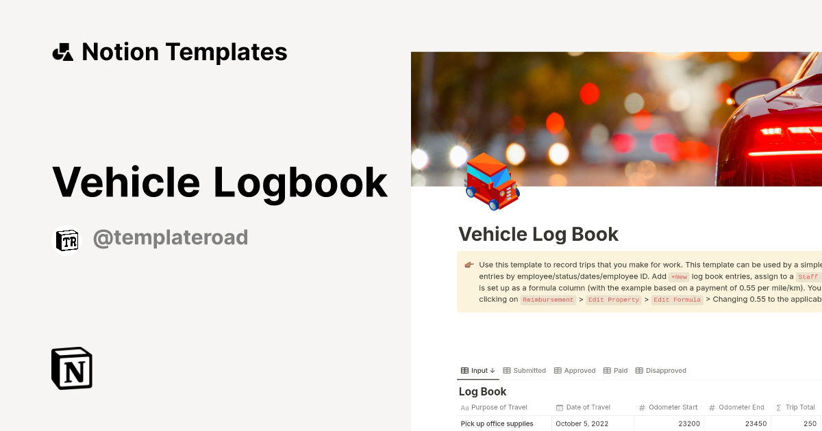 Vehicle Logbook Template by Template Road | Notion Marketplace