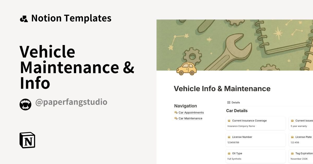 Vehicle Maintenance & Info Template by Lunar Layouts | Notion Marketplace