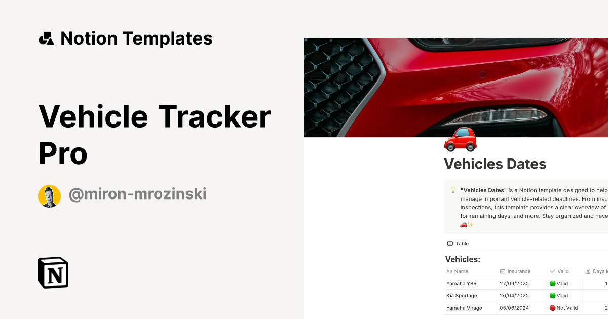 Vehicle Tracker Pro Template by Miron Mroziński | Notion Marketplace