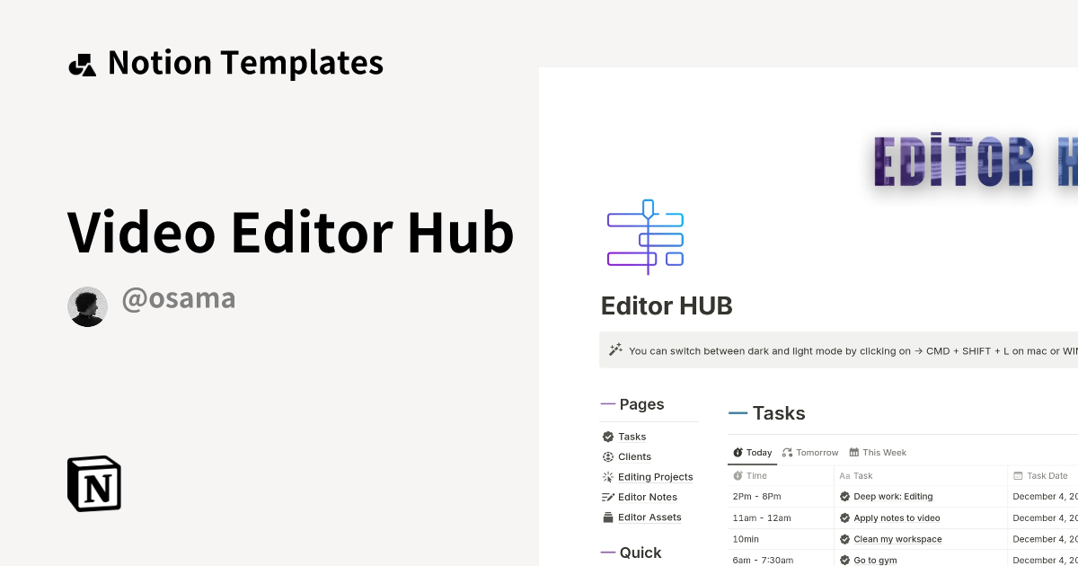 Video Editor Hub Template by OlsNotion | Notion Marketplace