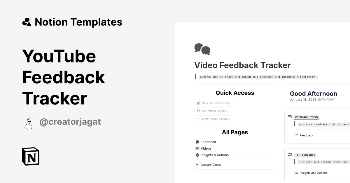 YouTube Feedback Tracker Template by CreatorJagat | Notion Marketplace