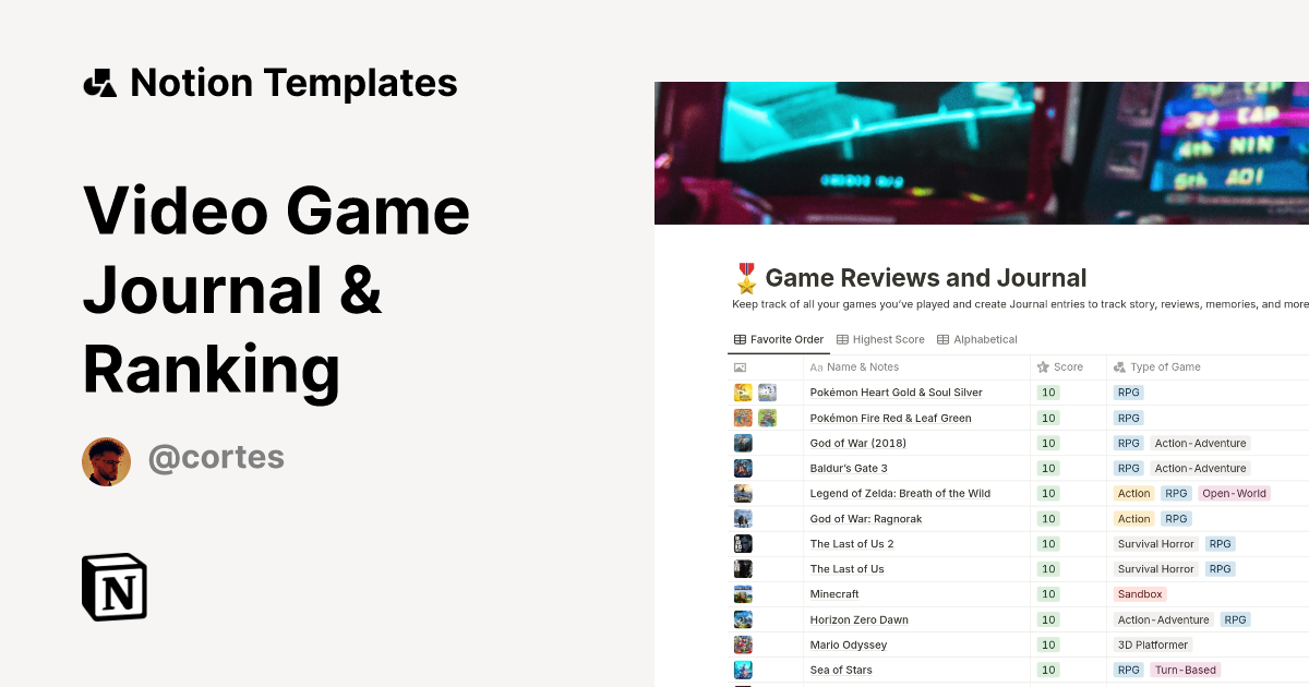 Video Game Journal & Ranking Template | Notion Marketplace