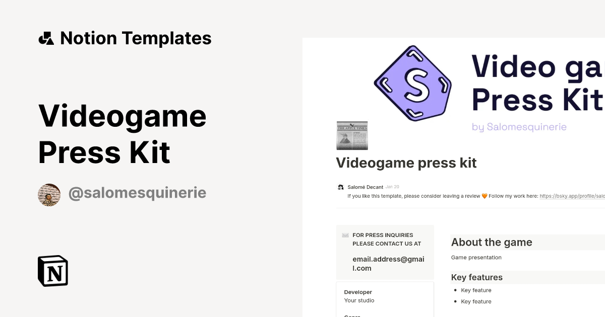Videogame Press Kit Template by Salomé | Notion Marketplace