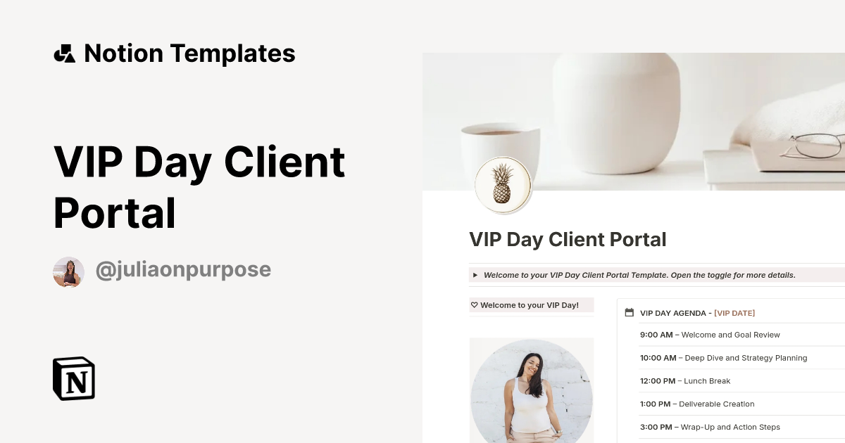 VIP Day Client Portal Template by Julia On Purpose | Notion Marketplace