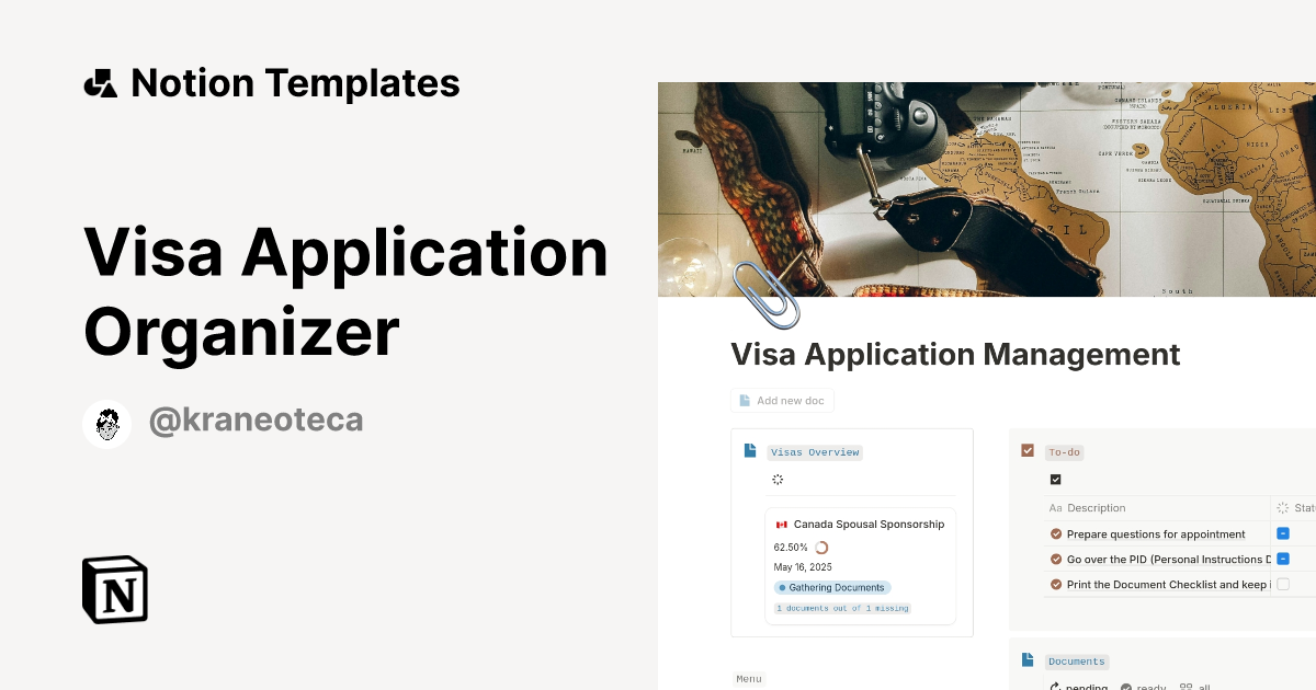 Visa Application Organizer Template by Tammy Hazel | Kraneoteca | Notion Marketplace