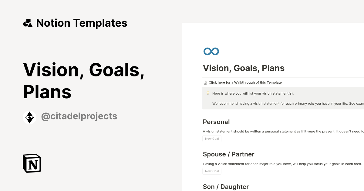 Vision, Goals, Plans Template by Citadel Projects | Notion Marketplace