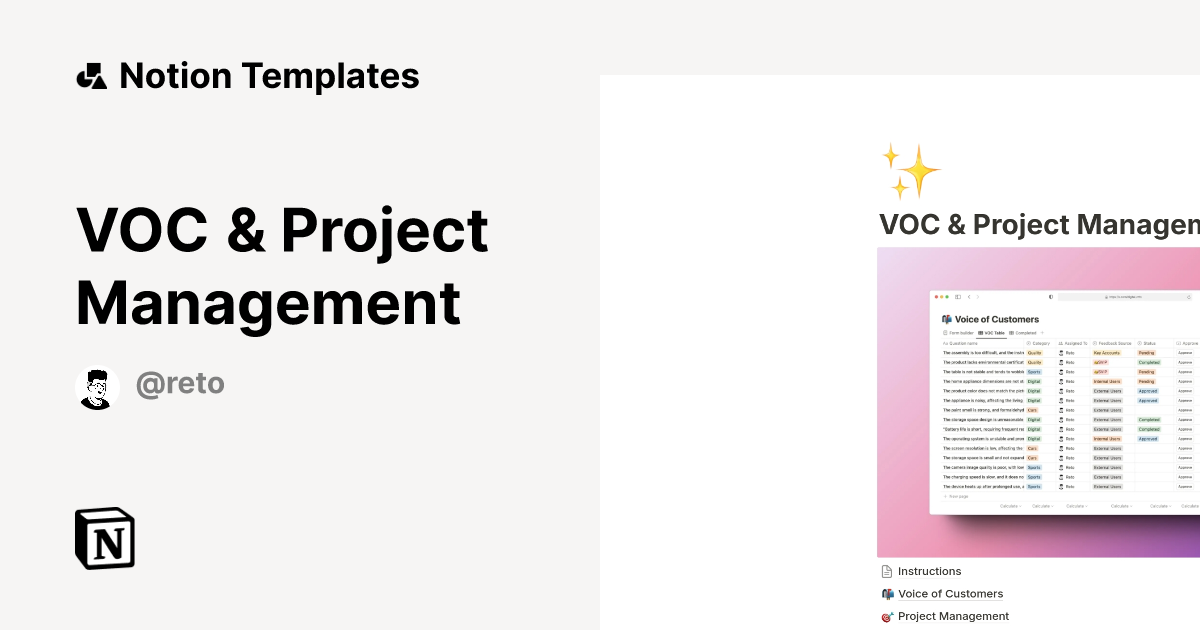 VOC & Project Management Template by Reto | Notion Marketplace