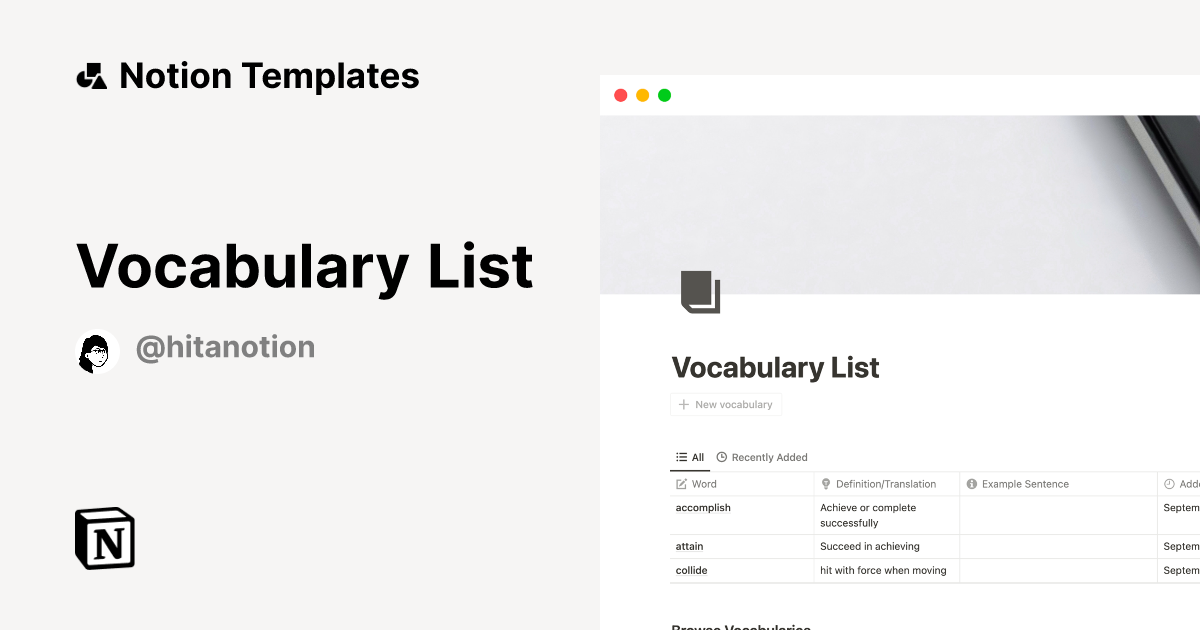 Vocabulary List Template by HitaNotion | Notion Marketplace