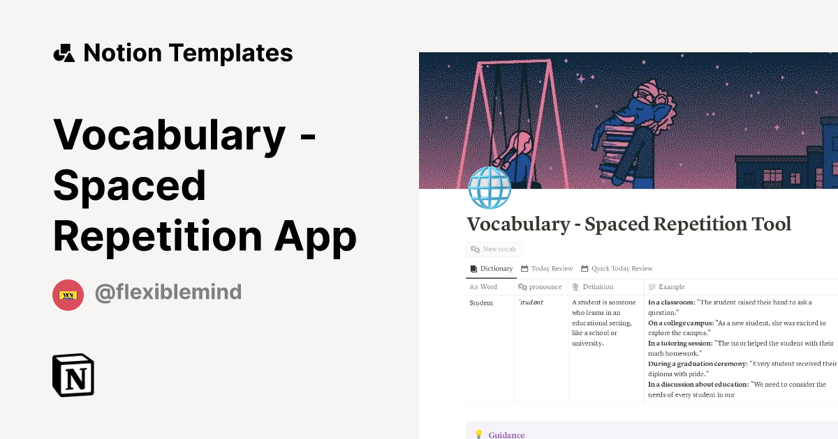 Vocabulary - Spaced Repetition App Template by Flexible Mind | Notion Marketplace