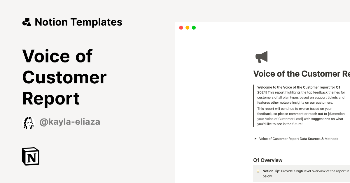 Voice of Customer Report Template by Kayla Eliaza | Notion Marketplace