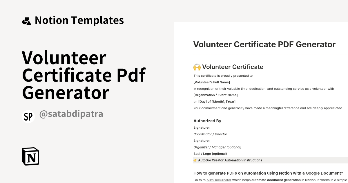 Volunteer Certificate Pdf Generator Template by Satabdi Patra | Notion Marketplace